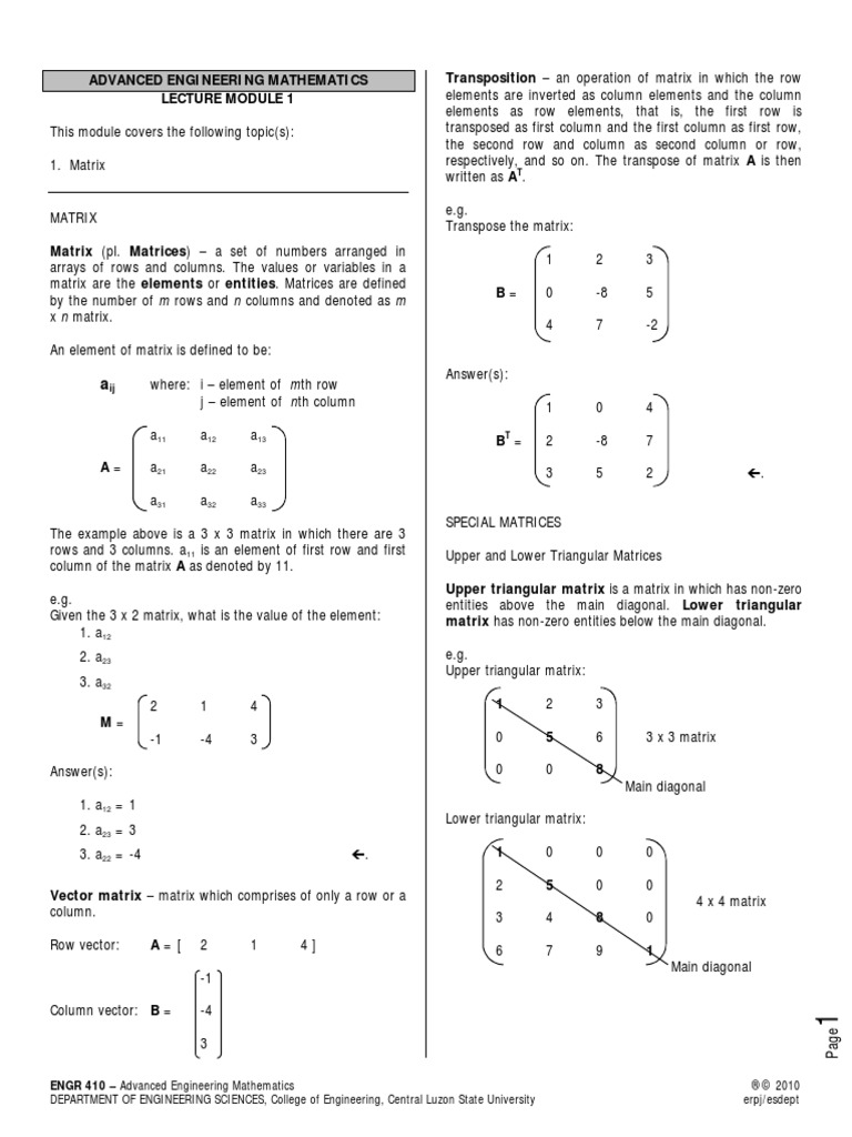 ADVANCED ENGINEERING MATHEMATICS Lecture Module Part 1 PDF | PDF ...