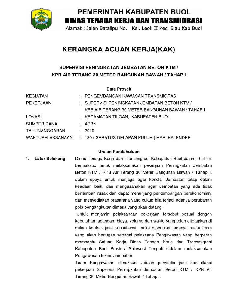 Kerangka Acuan Kerja Kak Supervisi Jembatan | PDF