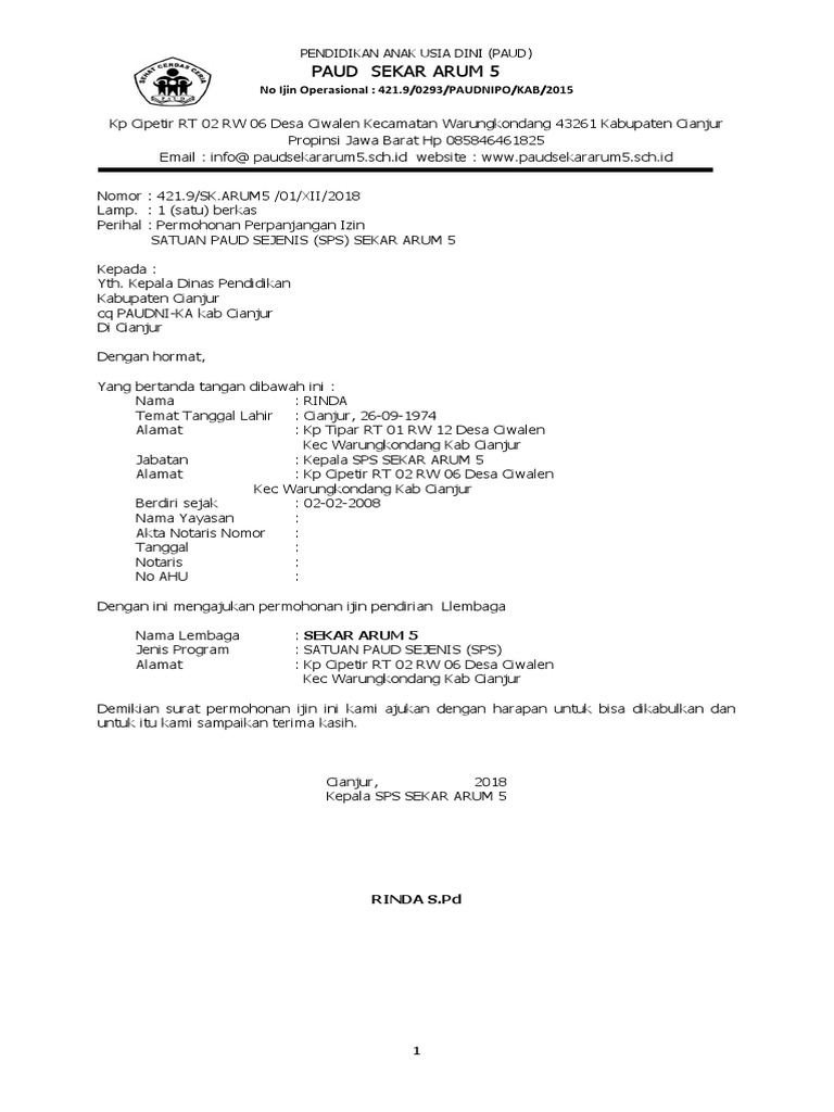 Permohonan Perpanjangan Ijin PAUD-TK | PDF