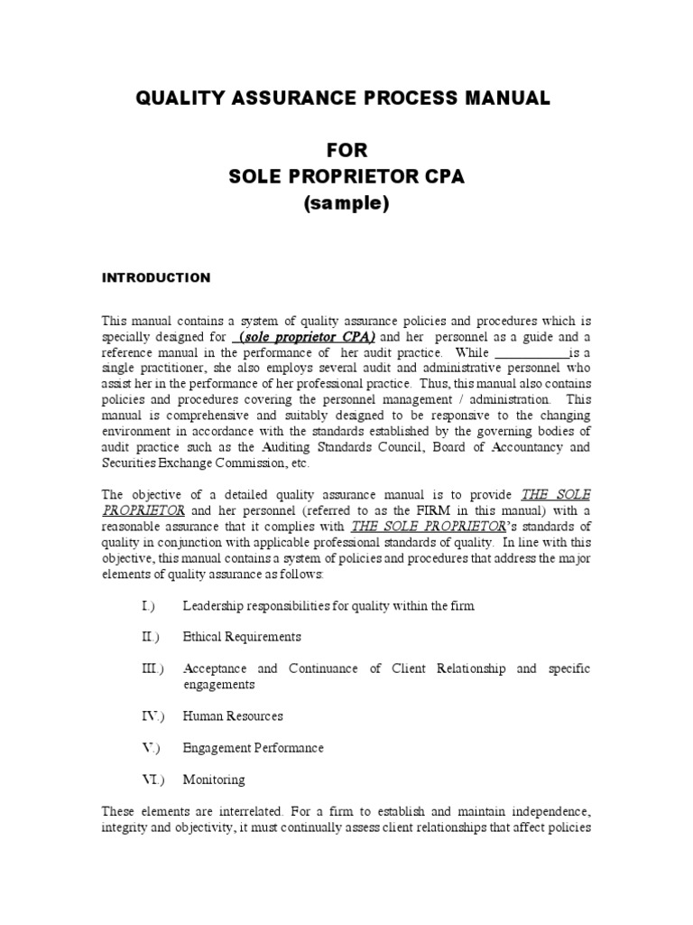 Quality Assurance Manual For Cpa | PDF | Auditor's Report | Accounting