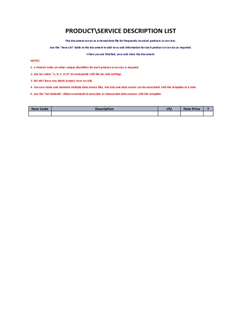 Product/Service Description List: Item Code Description U/I Item Price ...