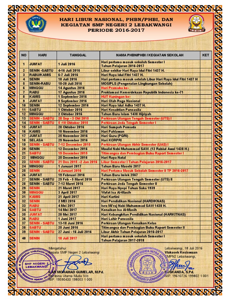 G - Libur Nasional, Phbn-Phbi, Dan Kegiatan Sekolah 2016-2017 | PDF