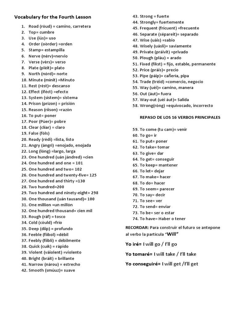 Vocabulary For The Fourth Lesson | PDF