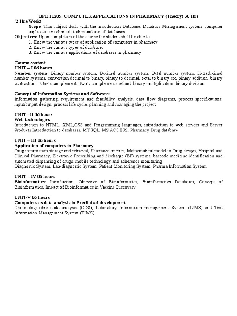 Computer Application in Pharmacy - Syllabus | PDF
