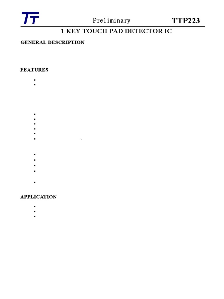 1 Key Touch Pad Detector Ic: Preliminary | PDF | Power Supply | Cmos
