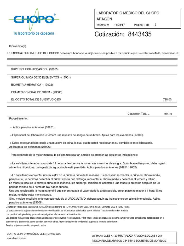Cotización:: Aragón Laboratorio Medico Del Chopo | PDF | Laboratorios
