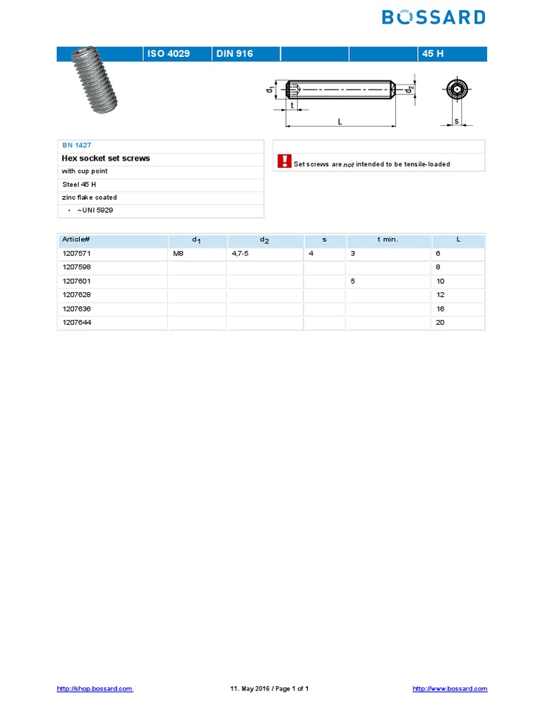 ISO 4029 DIN 916 45 H: Hex Socket Set Screws | PDF