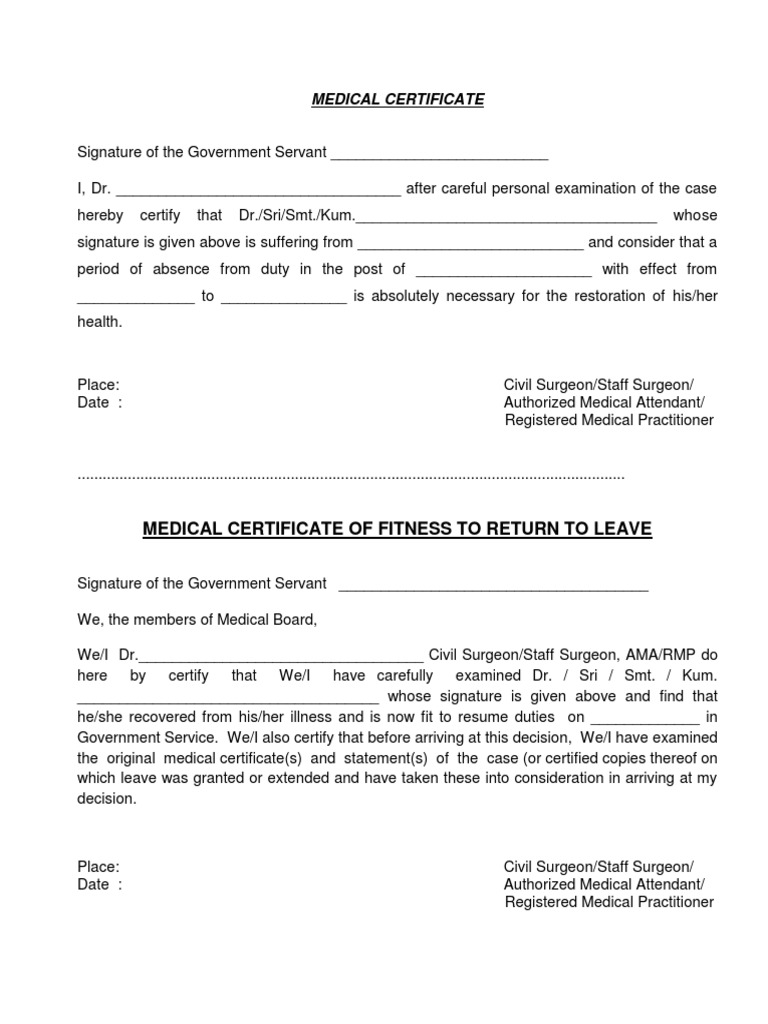 Medical Unfit and Fitness Certificate Formats - 19jan18 PDF | PDF