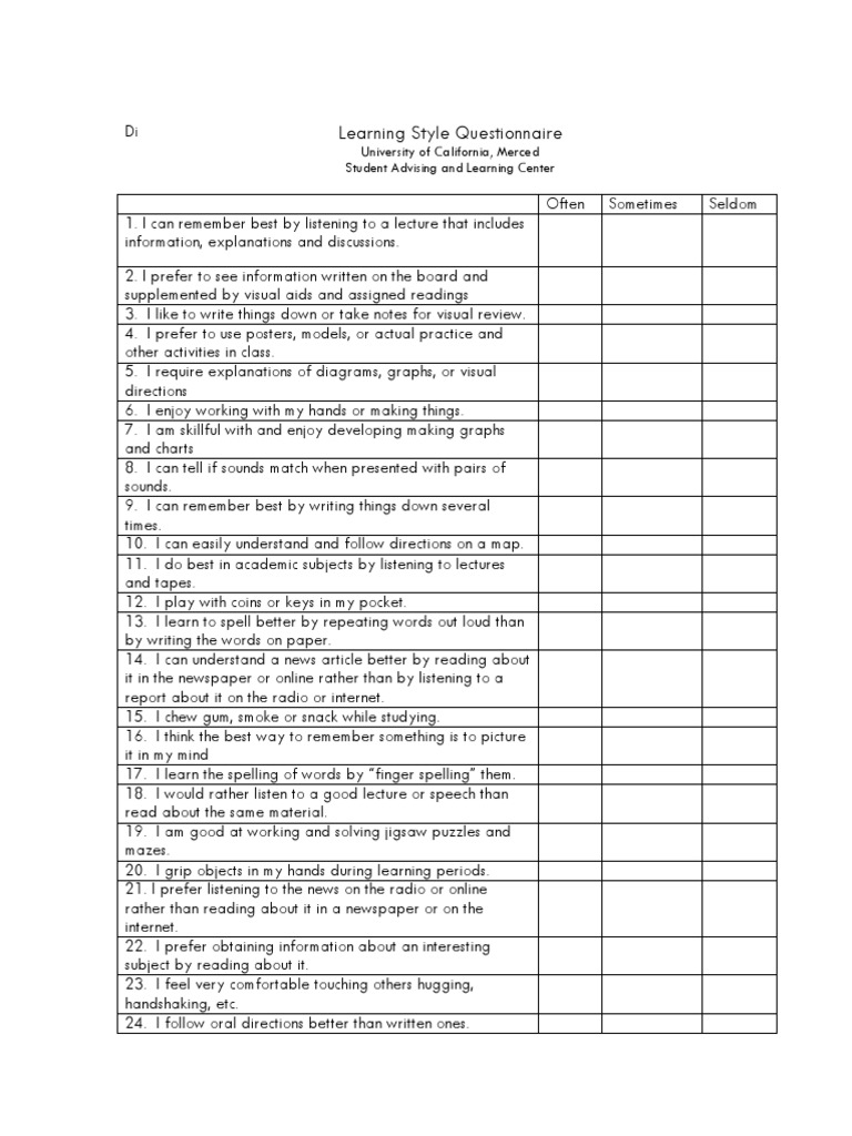 Learning Style Questionnaire | PDF | Lecture | Graphics