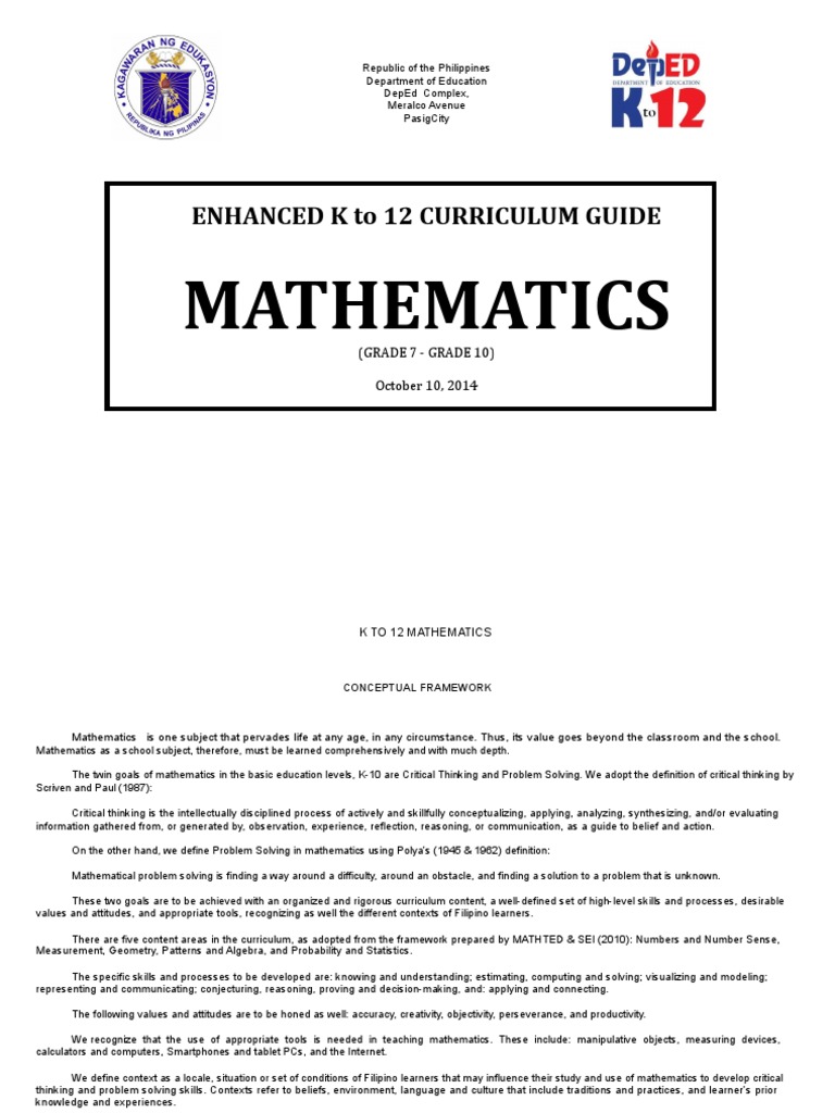 Mathematics: Enhanced K To 12 Curriculum Guide | PDF | Equations ...