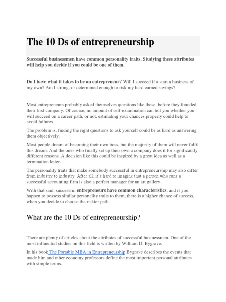 The 10 Ds of entrepreneurship personality traits | PDF ...