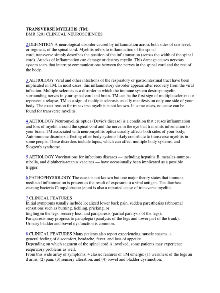 Transverse Myelitis (TM) | PDF | Multiple Sclerosis | Psychotherapy