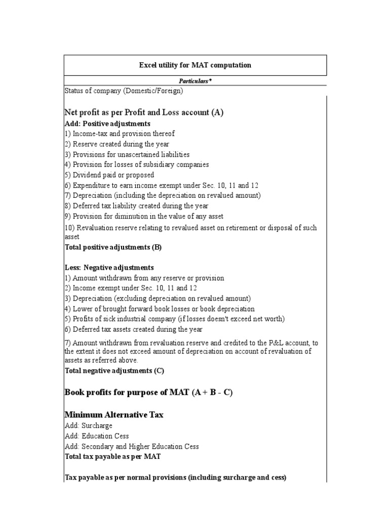 Net Profit As Per Profit and Loss Account (A) : Excel Utility For MAT ...