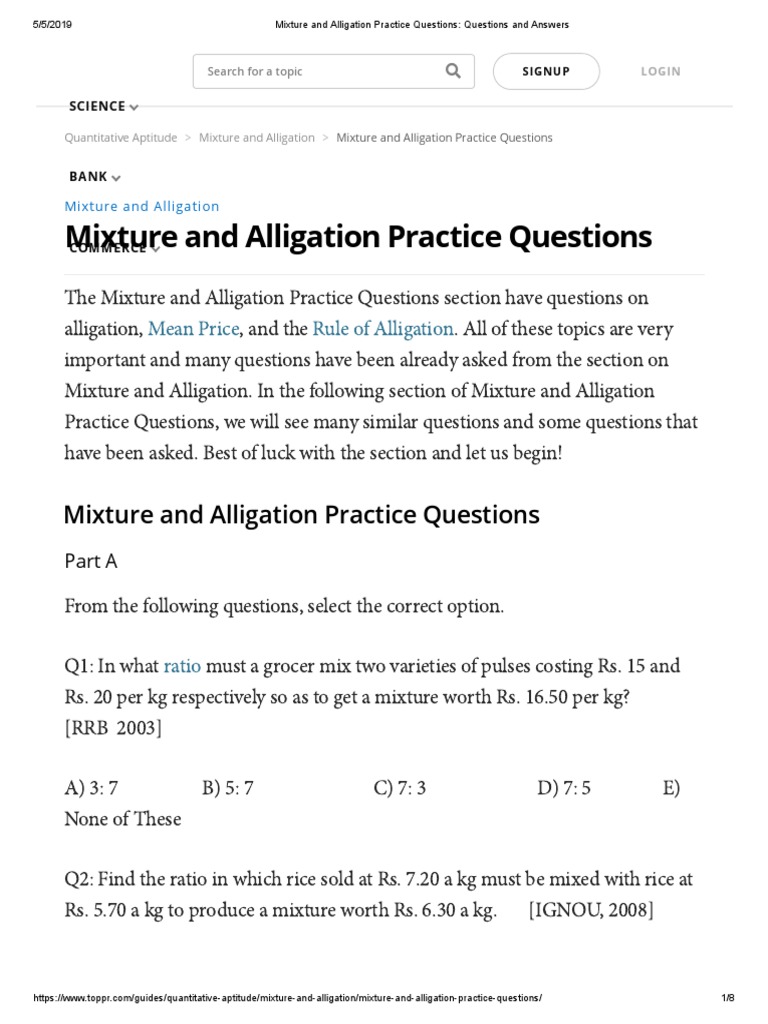 Mixture And Alligation Practice Questions Pdf Business