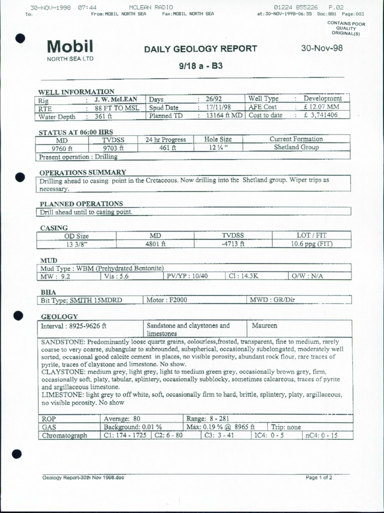 Formation Evaluation Log - Daily Geology Report | PDF | Sandstone ...