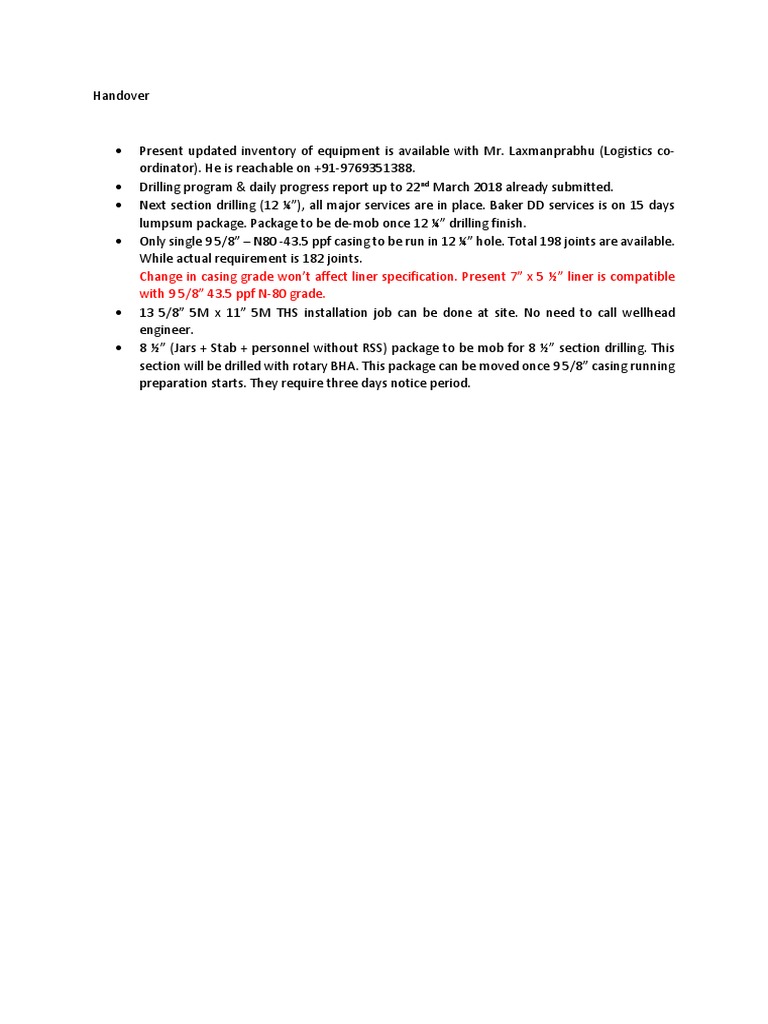 Drilling Program Handover Details | PDF