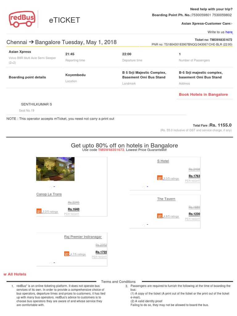 RedBus Ticket TM5W48351672 | PDF | Ticket (Admission) | Baggage
