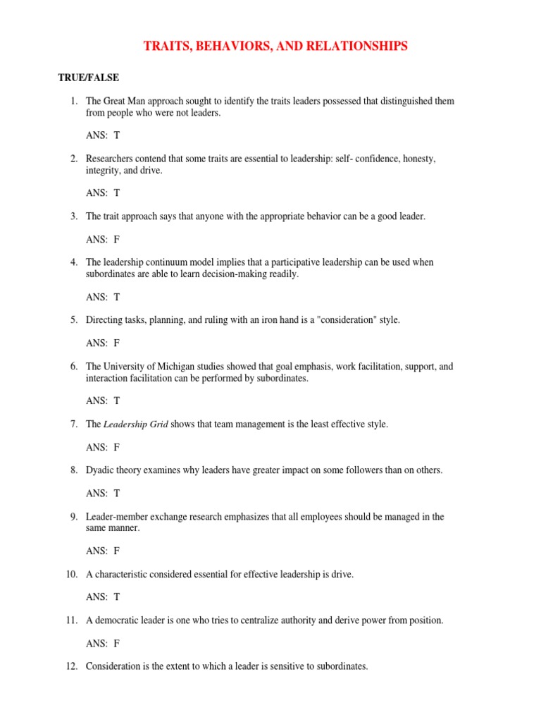 Traits Behavior and Relationships | PDF | Leadership | Behavioural Sciences