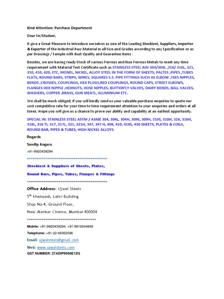 Ujwal Steel Introduction Letter | PDF | Pipe (Fluid Conveyance) | Sheet ...