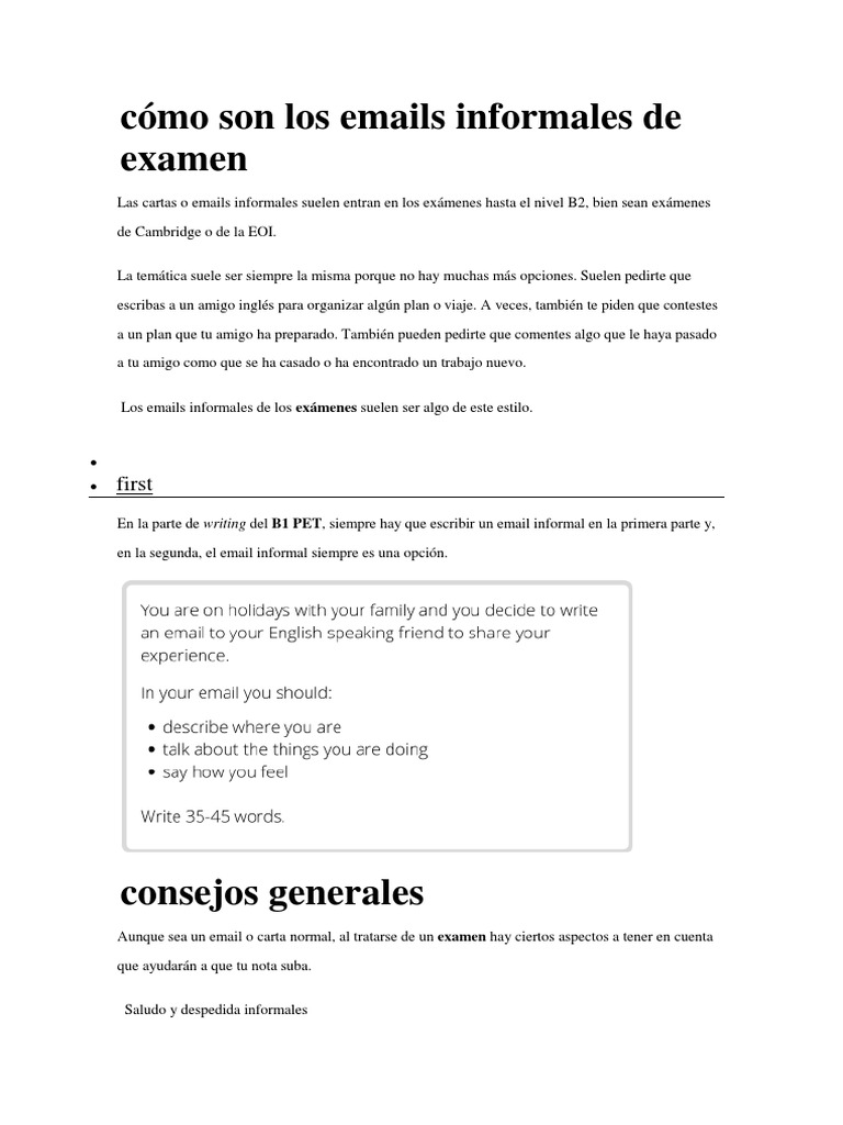cómo son los emails informales de examen: first | Idiomas