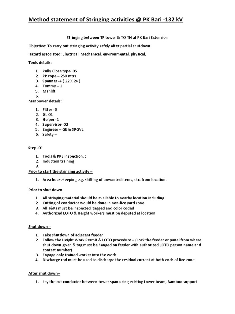 Method Statement of Stringing Activities at PK Bari - 132 KV: Prior To ...