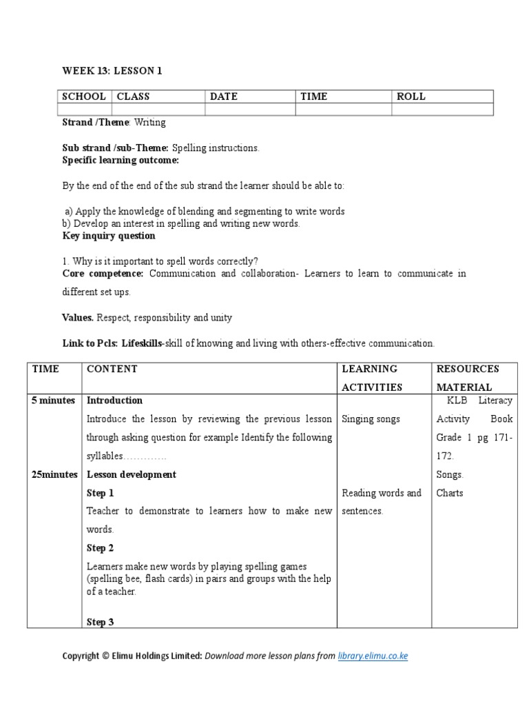Grade 1 Literacy Lesson Plan.. CBC | Download Free PDF | Lesson Plan ...