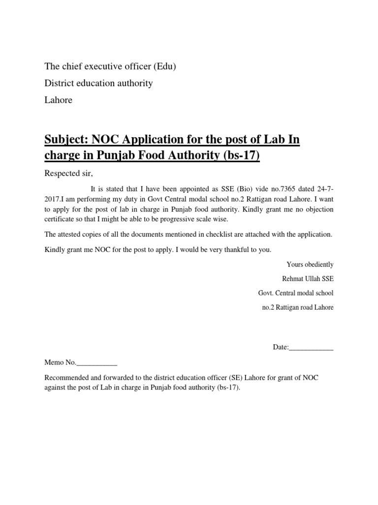 NOC Request for Lab In Charge Position | PDF