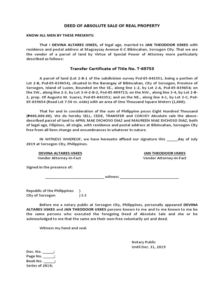 Deed of Absolute Sale of Real Property | PDF | Land Lot | Real Property