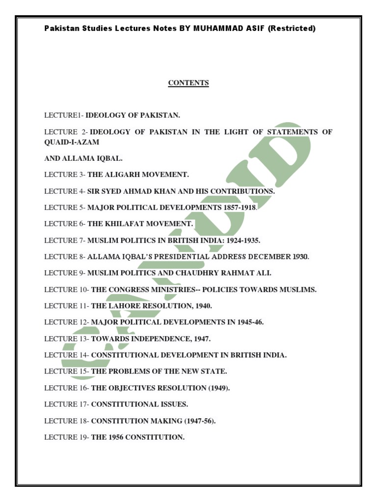 Pakistan Studies Notes-1 | Download Free PDF | Muhammad Ali Jinnah ...