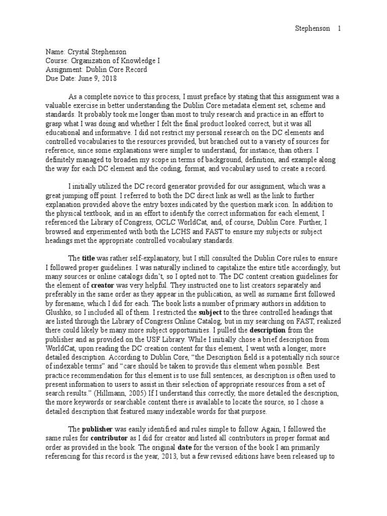 Lis6711 Dublin Core Record - Crystal Stephenson | PDF | Library Science ...