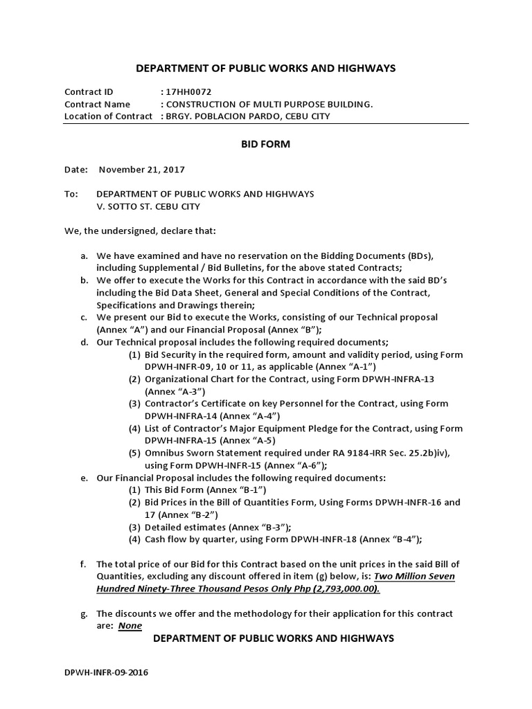 Bid Form DPWH | PDF | Government Information | Social Institutions