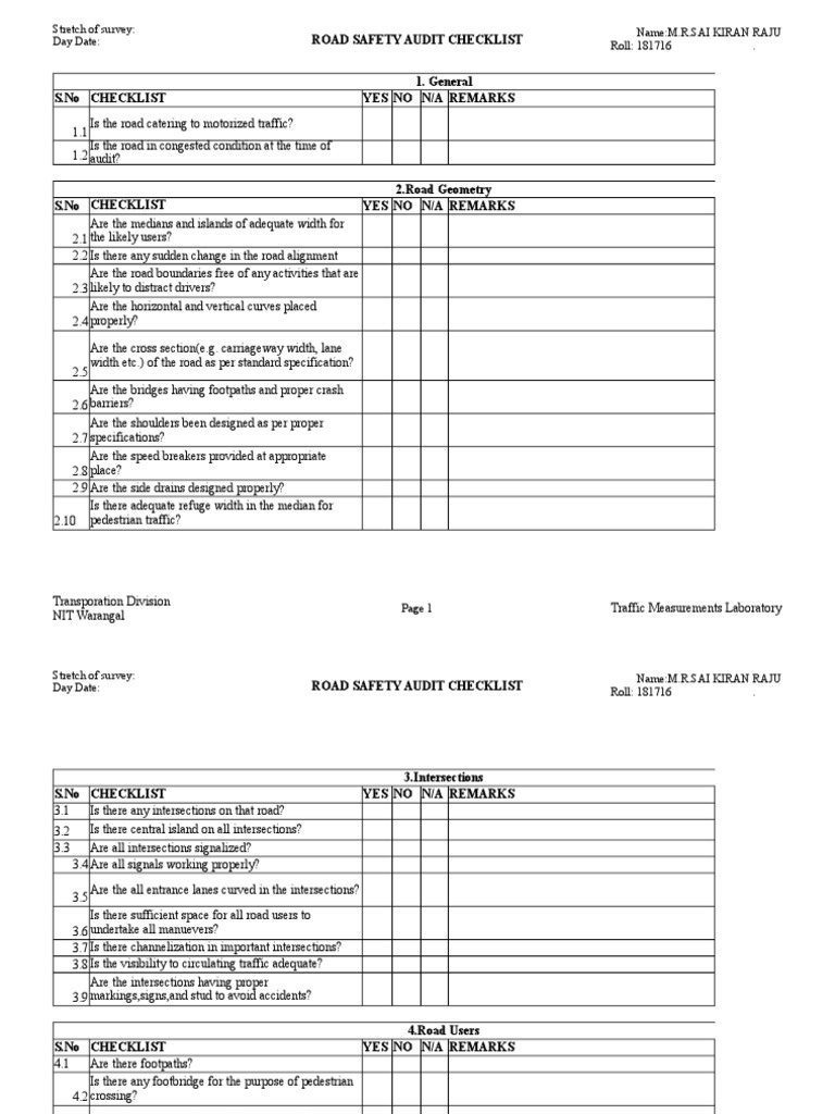 Road Safety Audit Checklist | PDF | Road | Traffic