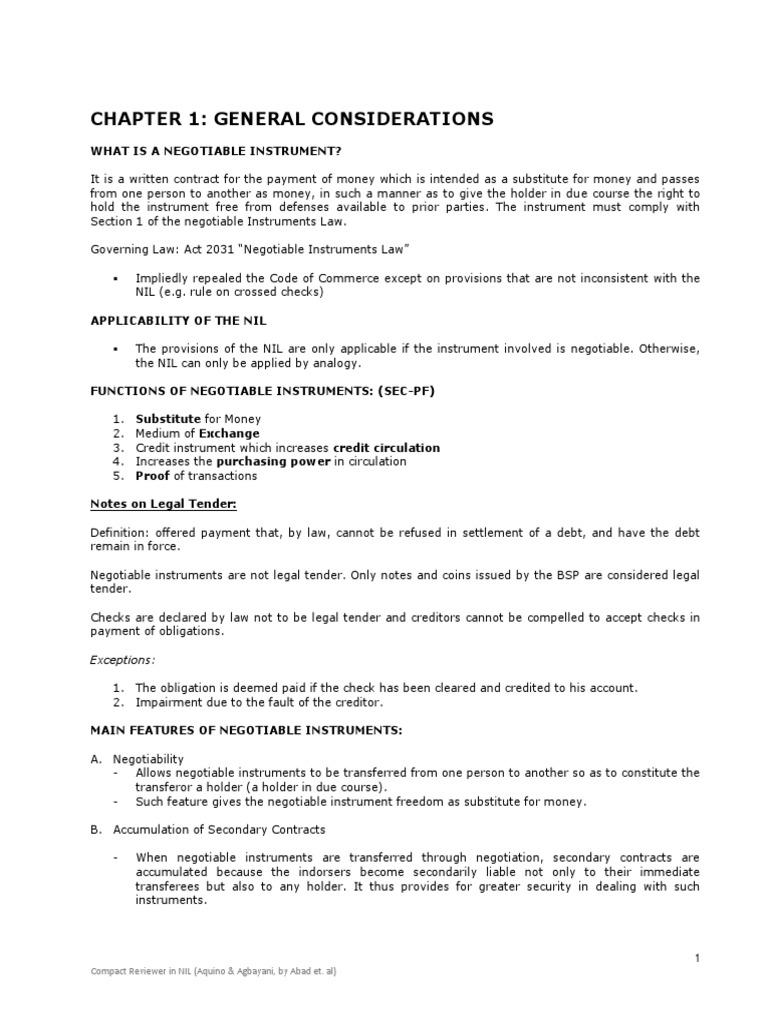 Chapter 1: General Considerations: What Is A Negotiable Instrument? | PDF