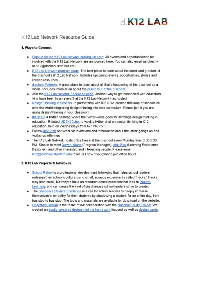 K12 Lab Network Resource Guide | PDF | Design Thinking | Curriculum