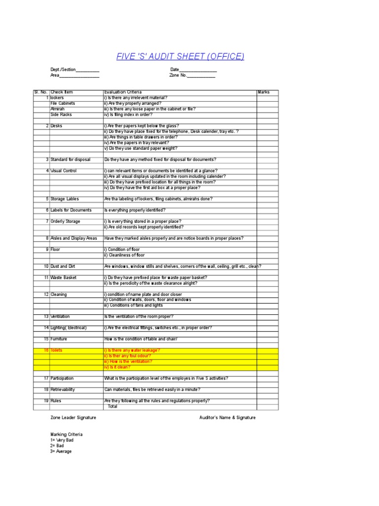 Office 5S Audit Checklist | PDF | Cabinetry | Building Engineering