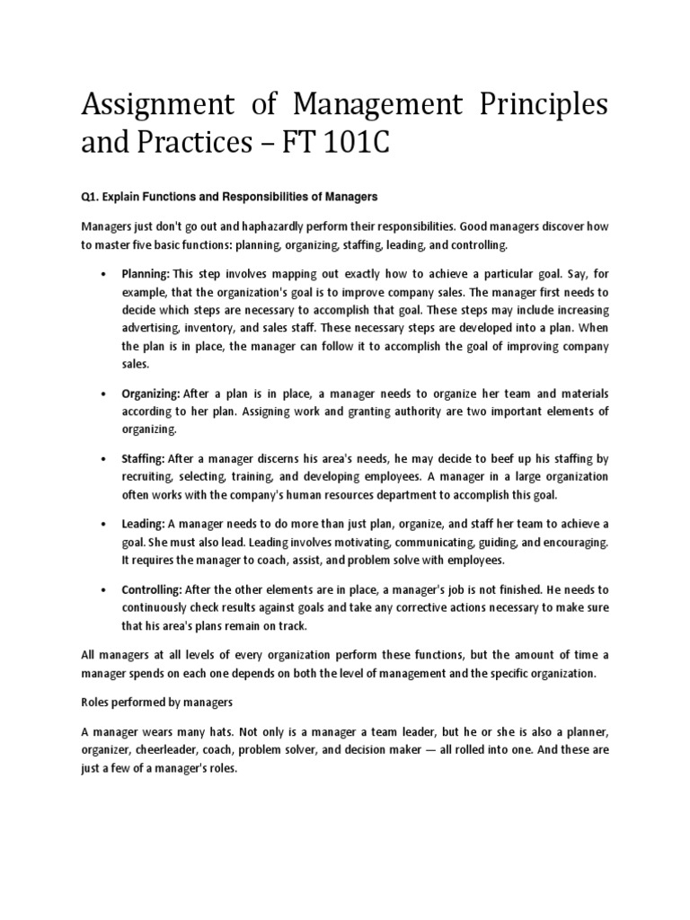 Assignment of Management Principles and Practices - FT 101C | PDF | Goal | Human Resources