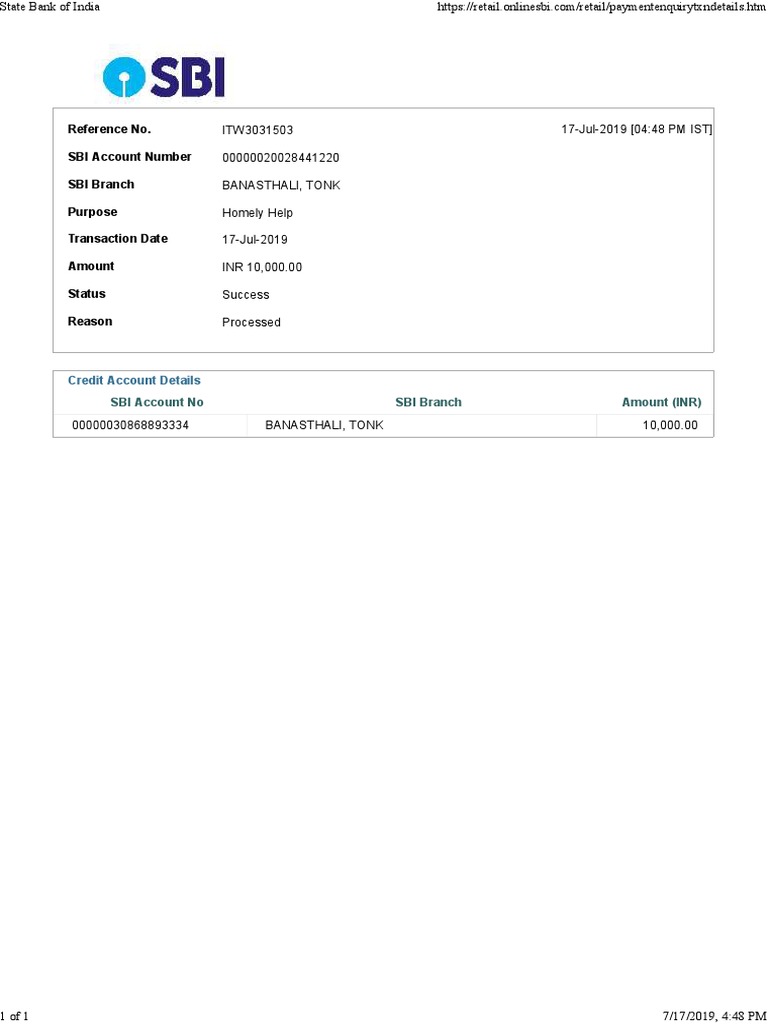 Reference No. SBI Account Number SBI Branch Purpose Transaction Date ...