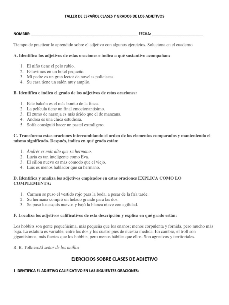 Taller de Español Clases y Grados de Los Adjetivos | PDF | Adjetivo