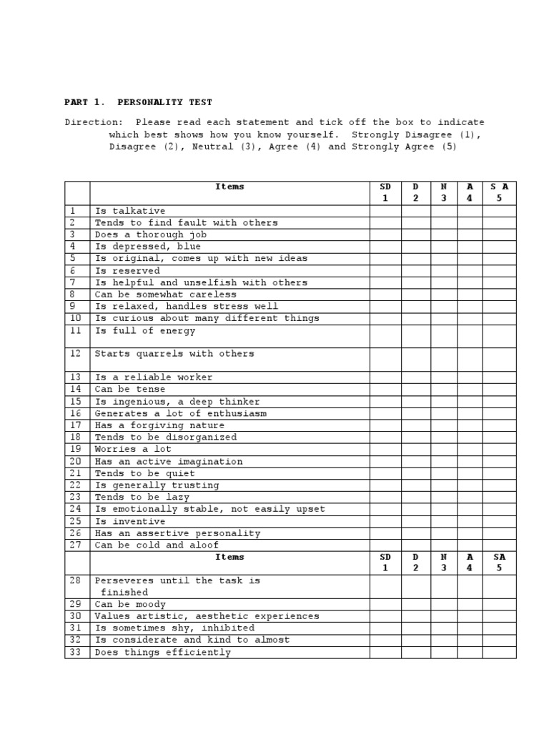 Personality Test BFI | PDF