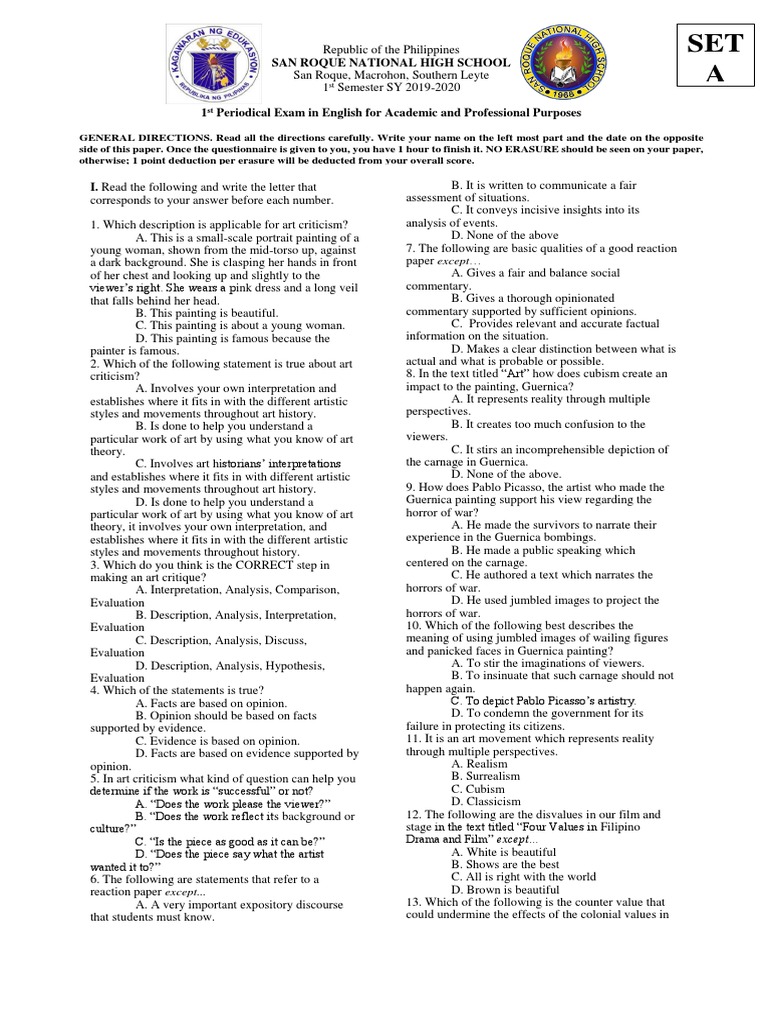 1st Periodical Examination in English For Acad 2019-2020 | PDF | Art ...