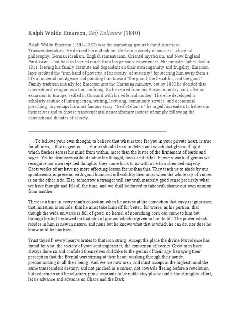 Self Reliance by Ralph Waldo Emerson | PDF | Ralph Waldo Emerson ...