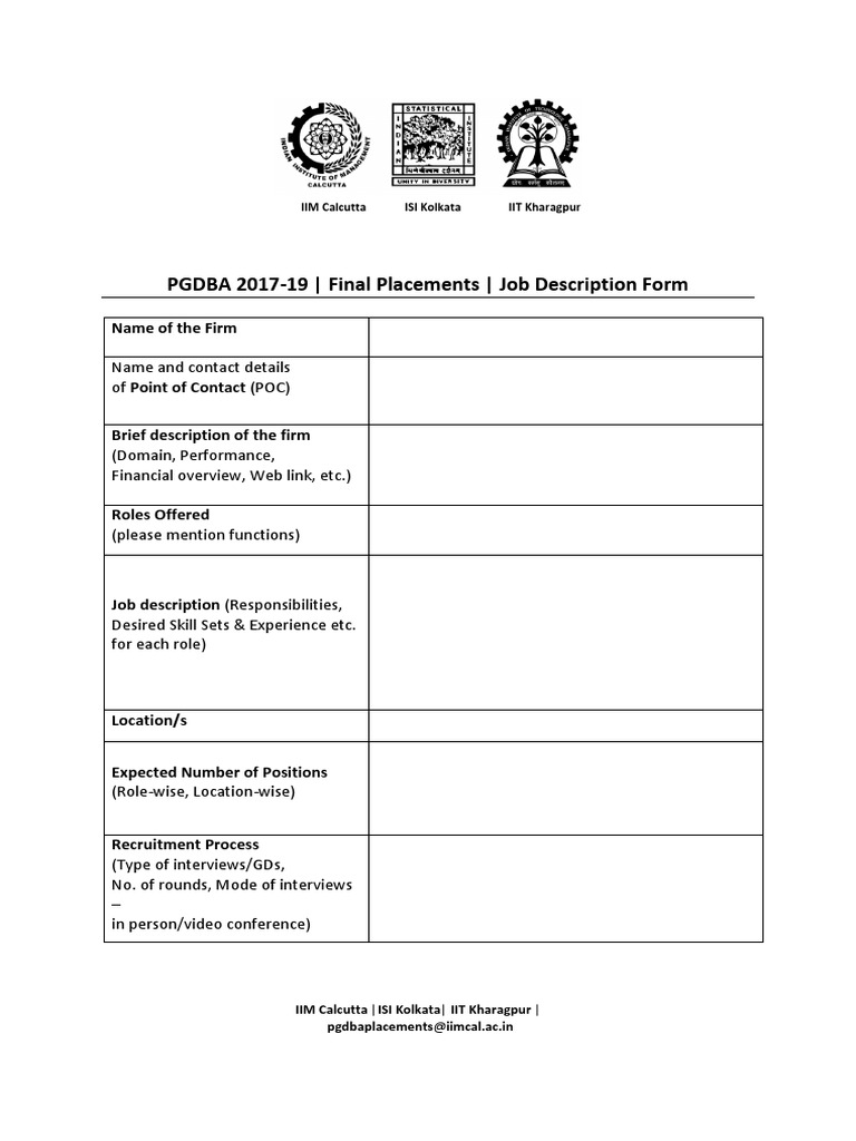 PGDBA 2017-19 - Final Placements - Job Description Form: Name of The Firm | PDF