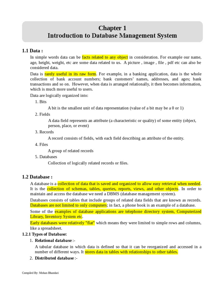 Introduction To Database Management System: 1.1 Data | PDF | Databases ...