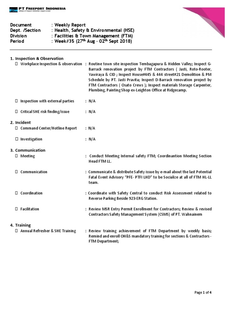 Weekly HSE Report Highlighting Inspections, Meetings, and Training ...