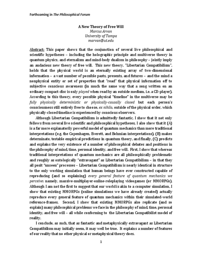 Arvan, Marcus - ''A New Theory of Free Will'' - The Phil Forum - Paper | PDF | Free Will ...