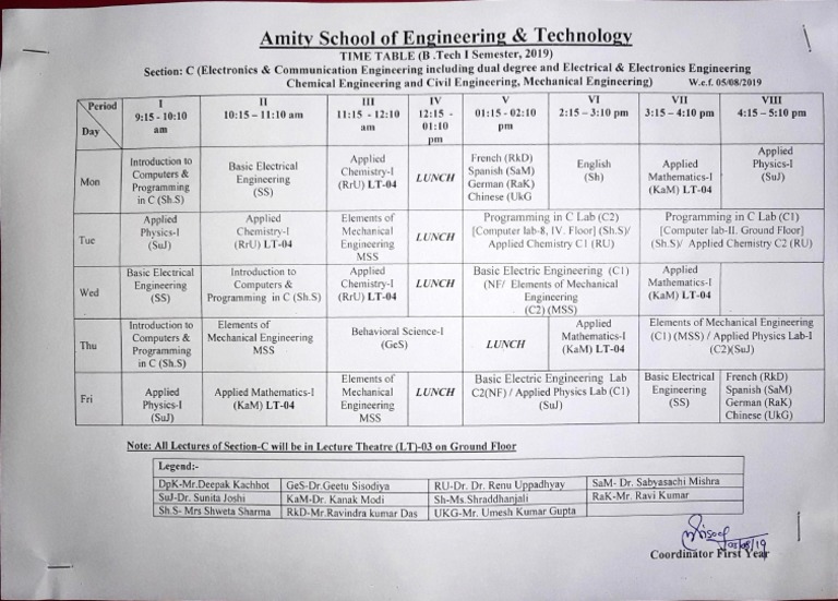 Amity School of Engineering & Technology: TIME TABLE (B .Tech 1 ...