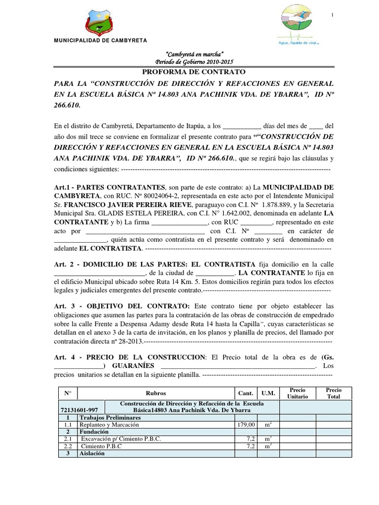Proforma de contrato para la construcción y refacción de la Escuela ...