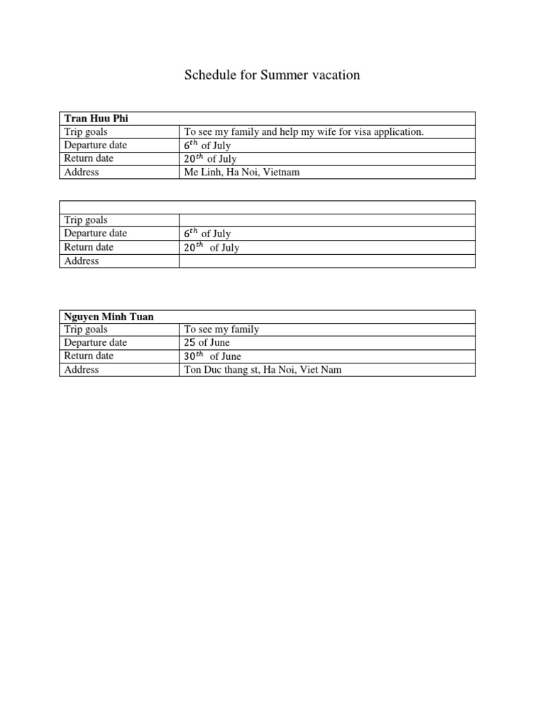 Schedule For Summer Vacation: Tran Huu Phi | PDF | Wellness