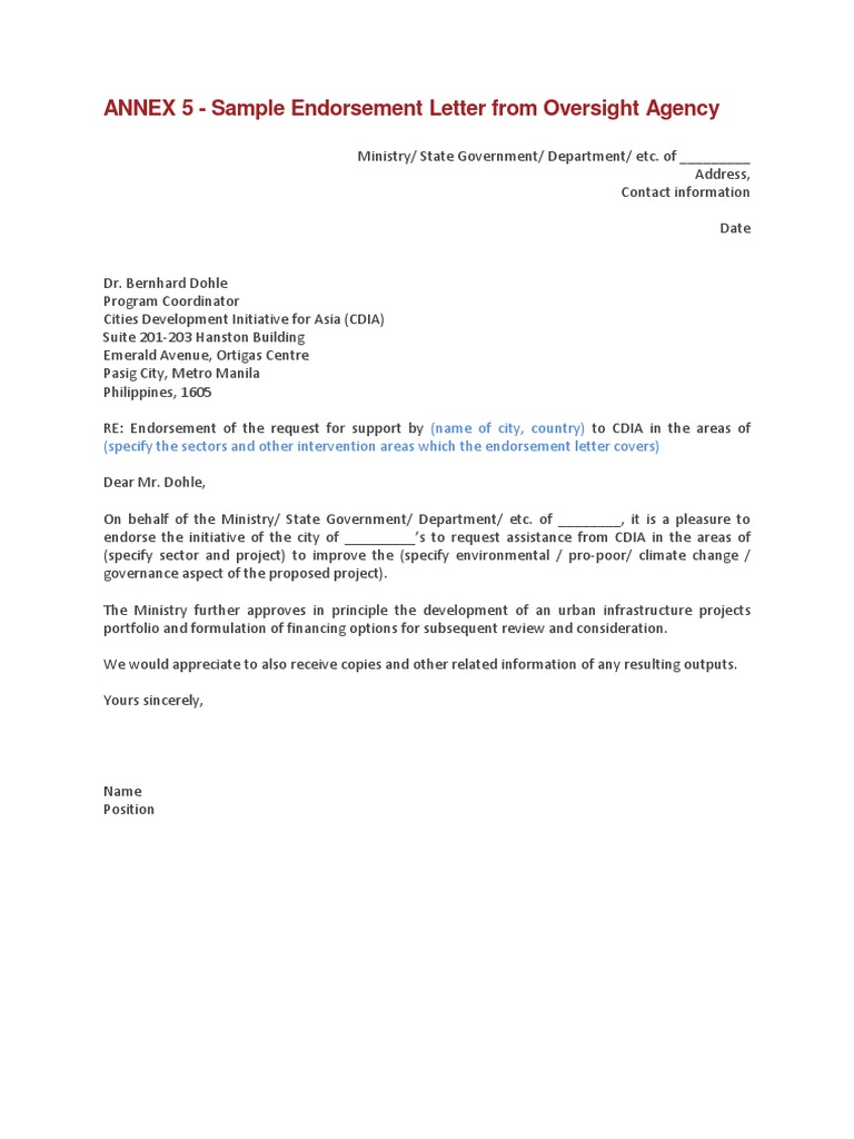 Sample Endorsement Letter From Oversight Agency | PDF