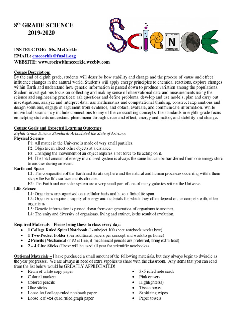 8th Grade Science Syllabus | PDF | Homework | Science